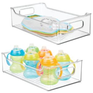 mdesign wide plastic nursery storage container bins with handles for organization in cabinet, closet or cubby shelves - organizer for baby food, bibs, formula, and burp cloths - 2 pack - clear