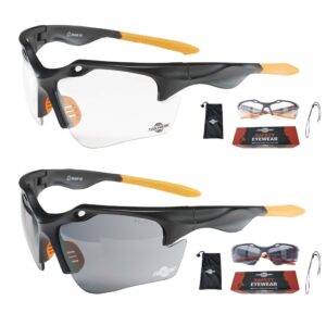 toolfreak finisher safety glasses bundle offer, clear and smoke polycarbonate lens, wraparound lenses with uv and impact rating,neckcord and carry pouch