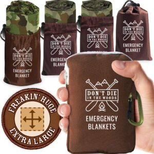 don't die in the woods - freakin’ huge emergency blankets [4-pack] extra-large thermal mylar space blankets with ripstop nylon stuff sacks + carabiner zipper pack [woodland camo]