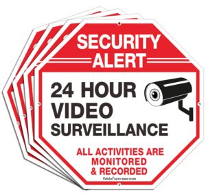 faittoo (4 pack) security alert, 24 hour video surveillance, all activities monitored signs,10 x 10 .040 aluminum reflective warning sign for home business cctv security camera, indoor or outdoor use