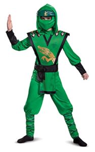 disguise lloyd costume for kids, deluxe lego ninjago legacy themed children's charcter jumpsuit, child size medium (7-8), green & black