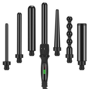 parwin pro beauty curling iron set 7 in 1 interchangeable barrels dual voltage hair curler lcd display tourmaline ceramic curling iron with heat resistant glove, black 7 sizes - standard