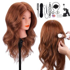 mannequin head with 100% human hair, topdirect 18" dark brown real hair cosmetology mannequin head hair styling hairdressing practice training doll head with clamp holder and tools