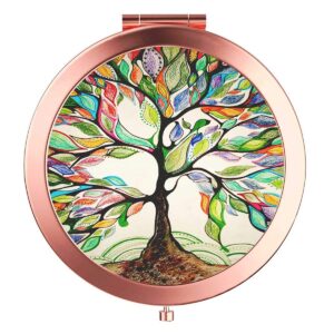 yckmd rose gold travel purse mirror compact double sides 2x & 1x magnification hand mirror metal round bohemian mirror for women and girls-life tree