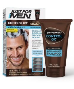 just for men control gx grey reducing anti-dandruff shampoo, gradual hair color, controls dandruff with zinc treatment, 4 fl oz - pack of 1 (packaging may vary)