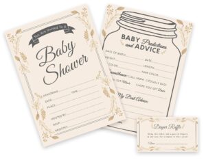 simple-glee baby shower invitations kit - 25 gender neutral rustic invites, prediction and advice cards, diaper raffle tickets - comes with envelopes