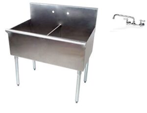 commercial stainless steel kitchen and utility budget two 2 compartment sink with 12" faucet (24.5" width x 48" length)