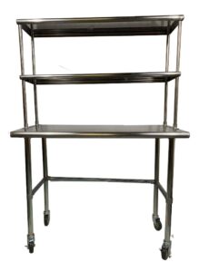 commercial stainless steel work prep table with open base 30 x 60 and double overshelf 18 x 60 with casters wheels