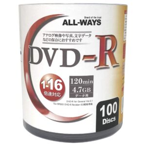 all-ways al-s100p dvd-r, 4.7 gb for data, supports 1 to 16x speed, white wide printing, for single recording, 100 disc set, film wrapping eco packaging