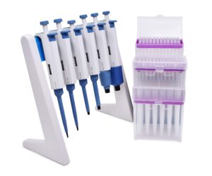 complete 6 micropipettes kit 0.1μl to 10ml : 6 pipettors (0.1-2.5μl, 0.5-10μl, 10-100μl, 100-1000μl, 1000-5000μl, 2-10ml); pipette stand; 5 racks of sterile pipette tips