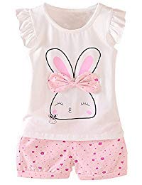 mh-lucky baby girl clothes outfits short sets 2 pieces with t-shirt + short pants (t-pink+white, 24 months)