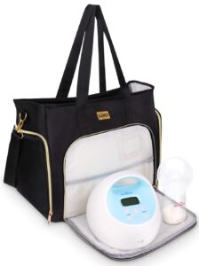 lunies breast pump bag diaper tote bag, double layer breastmilk storage bag for travel, large capacity baby diaper bag, pumping bag with insulated pockets