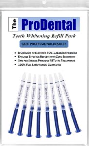 prodental teeth whitening gel syringe refill 8 pack, 35% carbamide peroxide - 48 treatments, faster results than tooth whitening strips - pen - powders and toothpaste, safe for sensitive teeth