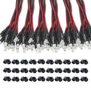 keeyees 60pcs 3mm pre wired led diodes light ultra bright -white warm white red blue green yellow (10pcs x 6 colors) + 60pcs 3mm plastic led holder led light mounting holders