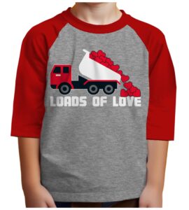 truck with hearts loads of love boys valentines day shirt dabbing heart valentine's toddler kids raglan 3/4 sleeve t-shirt 4t red