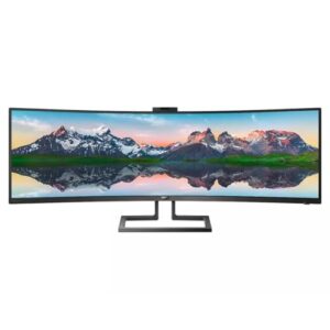 philips brilliance 499p9h 49" superwide curved monitor, dual qhd 5120x1440 32:9, usb-c docking, kvm switch, hdmi/displayport, windows hello pop-up webcam, smartergobase, lightsensor