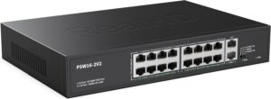 real hd 16 port poe switch, high power 300w, 16 poe+ 100mbps ports with 2 gigabit uplink ethernet ports, unmanaged plug and play, each port up to 30w, 803.af/at compliant, rack mount