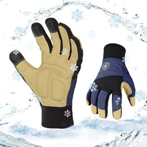 vgo... 1-pair 32℉ or above lined winter premium pigskin leather waterproof work gloves (size l, dark blue, pa1015fw)