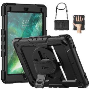 timecity for ipad 6th/5th generation case, for ipad 9.7 inch case 2018/2017 with screen protector, 360 rotating stand/hand strap, full-body protective case for ipad 6th/5th gen/air 2/ pro 9.7''-black