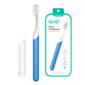 quip sonic toothbrush for adults - timed electric toothbrush with cover - replaceable brush head, soft bristles, plastic handle, 3 month battery life - travel toothbrush - blue