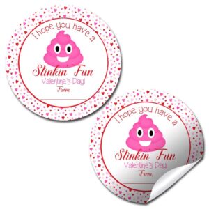 stinkin’ fun pink poop emoji valentine party favor sticker labels for girls, 40 2" party circle stickers by amandacreation, great for classroom valentines, envelope seals, gifts & treats