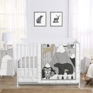 sweet jojo designs beige, grey and white boho mountain animal gray woodland forest friends baby unisex boy or girl nursery crib bedding set - 4 pieces - deer fox bear