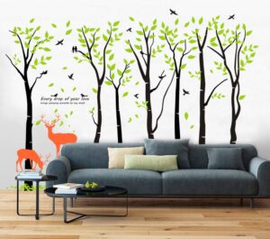 mix decor tree wall decal - 7 trees wall sticker large family forest for livingroom kid baby nursery room deer wooland decoration party birthday gift,118x83 inch black + green