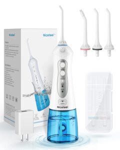 cordless water flosser teeth cleaner, nicefeel 300ml 2 tip cases portable and usb rechargeable oral irrigator for travel, ipx7 waterproof, 3-mode water flossing with 4 jet tips for home blue