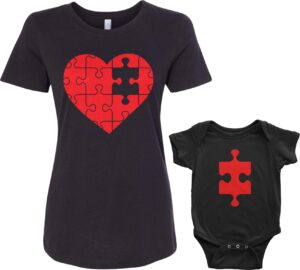 threadrock heart & missing piece infant bodysuit & women's t-shirt matching set (baby: 12m, black|women's: m, black)