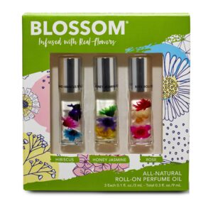 blossom roll on perfume for women alcohol free rollerball perfume oil with essential oils, infused with real flowers, made in usa, 0.3oz, 3 pack mini gift set, hibiscus/honey jasmine/rose