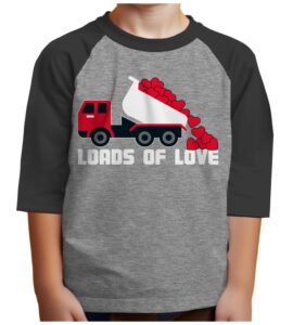 truck with hearts loads of love boys valentines day shirt dabbing heart valentine's toddler kids raglan 3/4 sleeve t-shirt 2t dark gray