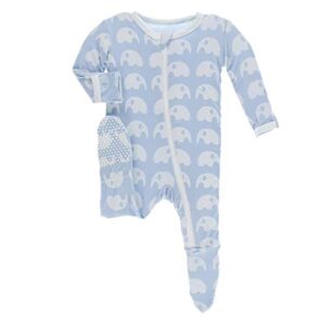 kickee pants little boys essentials print footie with zipper - pond elephant, 0-3 months