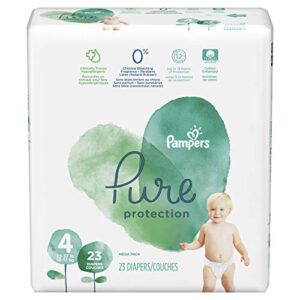 pampers diapers size 4, 23 count - pure protection disposable baby diapers, hypoallergenic and unscented protection, mega pack (old version)