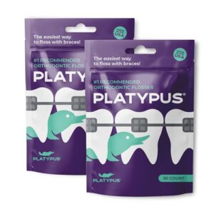 platypus orthodontic flossers for braces, 30 count (pack of 2), ortho picks for adults & kids, fits under arch wire, non-damaging, encourage flossing habits