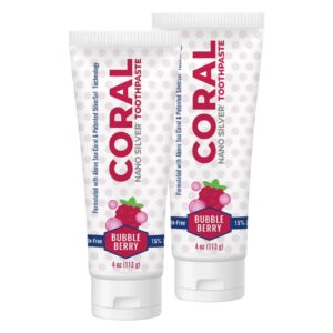 coral nano silver bubble berry kids toothpaste, natural fluoride free teeth whitening toothpaste, coral calcium nano silver infused sls free - 4 ounces (2 pack)