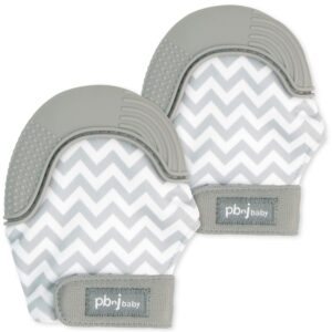 pbnj baby silicone infant teething mitten teether glove mitt toy - gray chevron 2pk