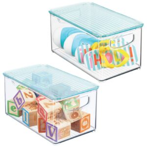 mdesign plastic baby storage bin box organizer container with lid/handles for organizing playroom, nursery, dresser - holds diapers, baby clothes, wipes, toys, ligne collection, 2 pack, clear/blue