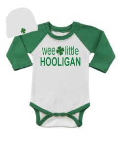 st. patrick's day long sleeve raglan bodysuit and cap set-wee little hooligan (6-12m, white/kelly green)