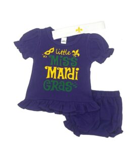 pandoratees mardi gras baby girl outfit - little miss mardi gras (6-12m, white/purple)