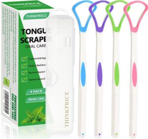 tongue scraper cleaner 100% bpa free tongue scrapers with travel handy case for adults, kids, healthy oral care, easy to use, help fight bad breath (4 pack)