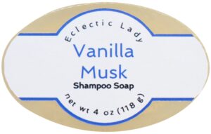 vanilla musk shampoo soap bar by eclectic lady with pure argan oil, silk protein, honey protein and extracts of calendula flower, aloe, carrageenan, sunflower - 4 oz bar