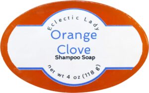 eclectic lady orange clove shampoo soap bar with pure argan oil, silk protein, honey protein and extracts of calendula flower, aloe, carrageenan, sunflower - 4 oz bar