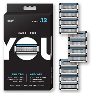 made for you by bic shaving razor blades for every body - men and women, 12 count - refill cartridges with 5 blades for a close shave with aloe vera and vitamin e for smooth glide