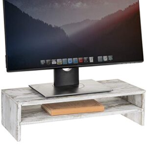 mygift shabby whitewashed wood computer monitor and laptop riser stand for desk, 2 tier office desktop storage shelf