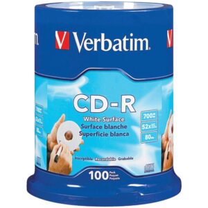 verbatim cd-r blank discs 700mb 80 minutes 52x recordable disc for data and music with blank white surface - 100 pack spindle