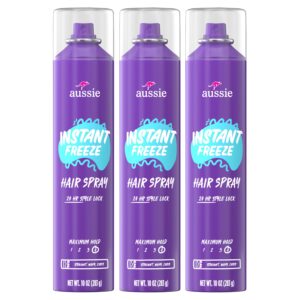 aussie instant freeze hair spray for extreme hold, infused with jojoba oil & sea kelp, long-lasting all-day hold, fresh citrus scent, safe for all hair types, 10 fl oz, 3 pack