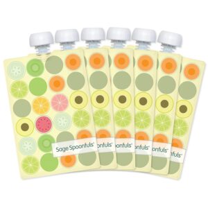 sage spoonfuls reusable baby food pouches - 6 pack, baby food storage, pouches toddler, refillable squeeze pouch for kids (fruit dot), dishwasher and freezer safe, bpa free