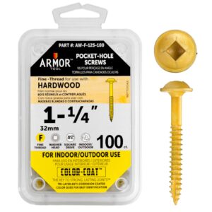 armor tool pocket hole screws - 1-1/4" fine thread joinery screws 100 pack with yellow color coat & square drive - aw-f-125-100