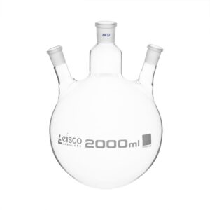 eisco distilling flask, 2000ml - 3 parallel necks, 29/32 center, 19/26 side sockets interchangeable ground joints round bottom borosilicate glass- eisco labs