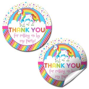 rainbow unicorn roller skating themed thank you sticker labels for kids, 40 2" party circle stickers by amandacreation, great for party favors, envelope seals & goodie bags